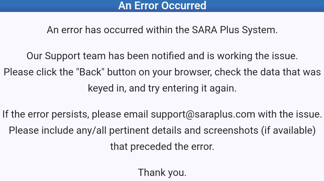 An Error Has Occured Within the SARA Plus System? – SARA Plus